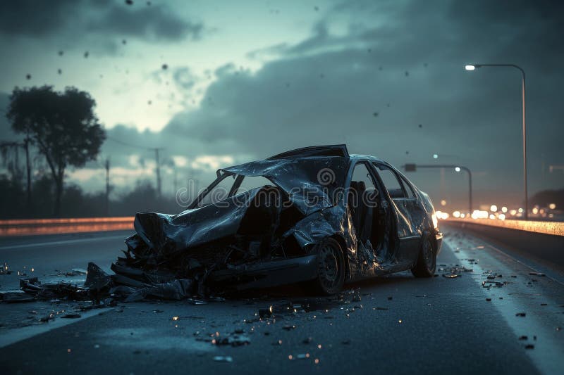 Nighttime Crash on a Wet Road with Street Lights Stock Photo - Image of ...