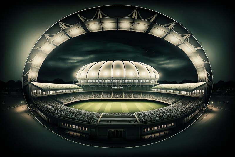 Nighttime Cricket Match Surrounded by Illuminated Circular Stadium and ...