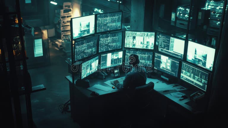Nighttime Cybersecurity Expert Analyzing Data on Multiple Monitors in ...