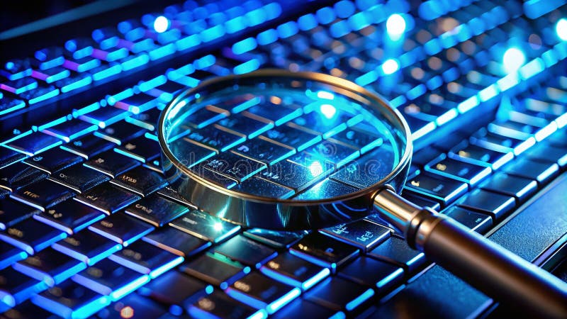 Nighttime Cybersecurity Investigation a Magnifying Glass on a Keyboard Unveils Digital Code Data ...