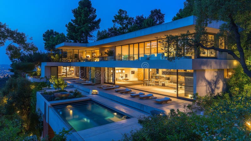 A Nighttime 3D Rendering of a Flat-roofed House with a Concrete ...