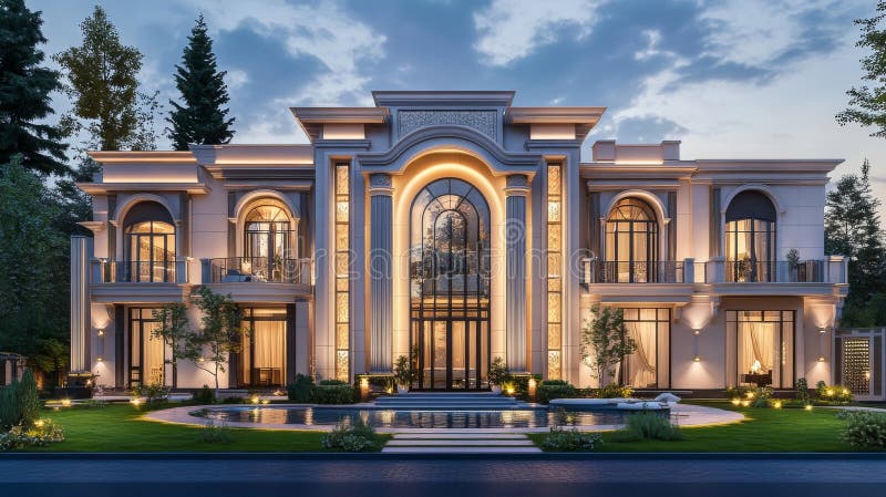 A Nighttime 3D Rendering of a Flat-roofed House Featuring a Concrete ...