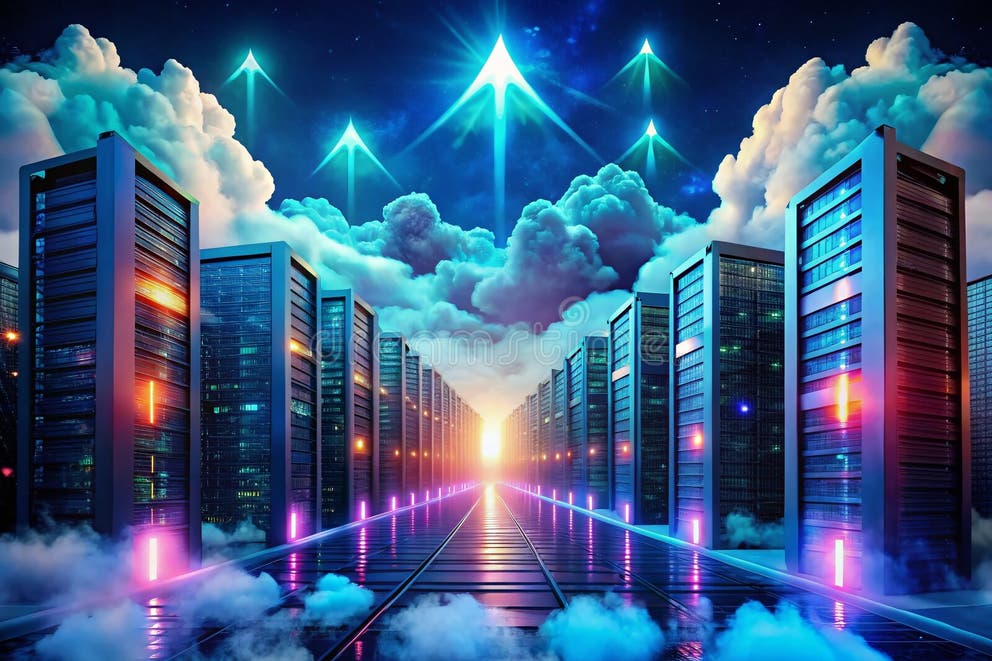 Nighttime Data Growth Visualization Pastel Clouds and Server Farm Illustrate Exponential ...