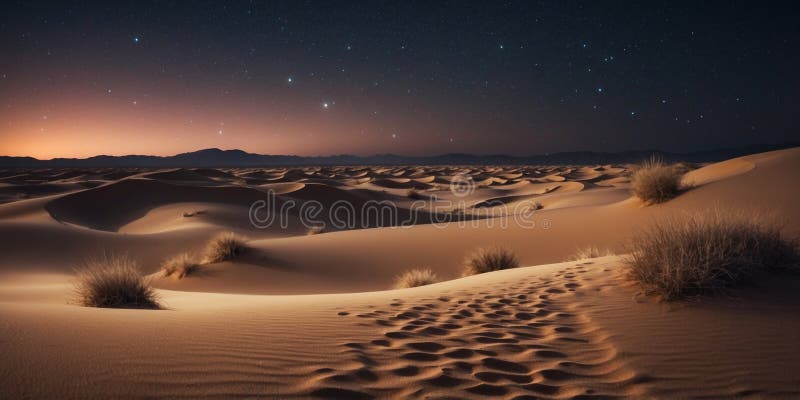 A Nighttime Desert Scene with a Sky Full of Stars and Moonlit Sand ...
