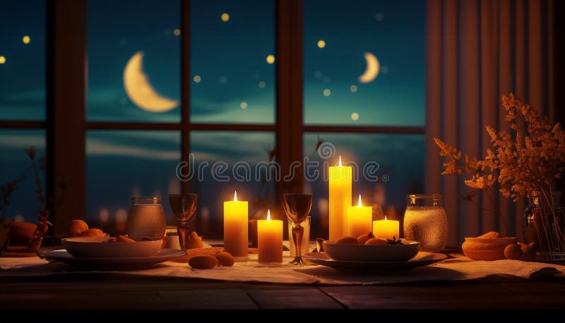 Nighttime Dinner Scene with Candlelight and Window Glow in the ...