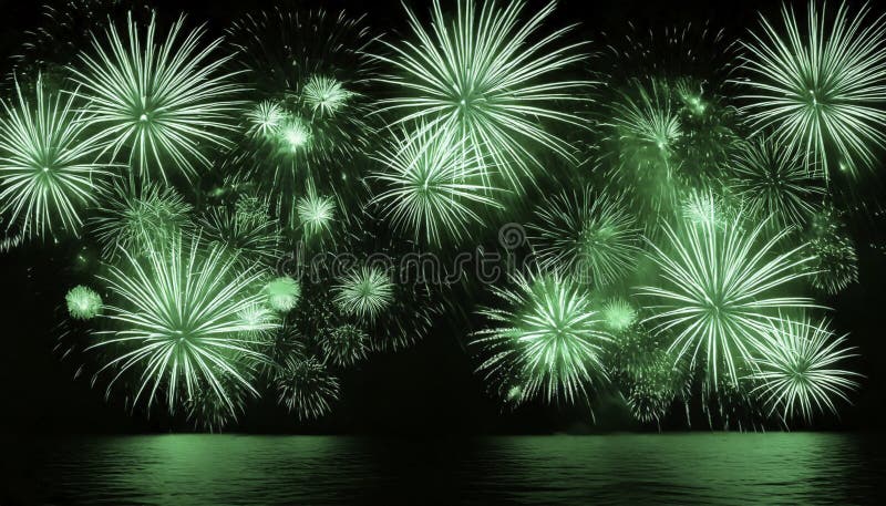 Green Fireworks Display Over Water at Night Stock Illustration ...