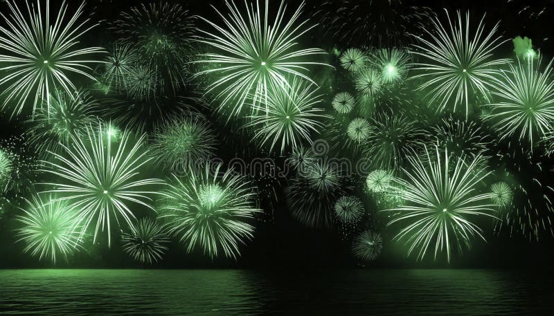 Green Fireworks Display Over Water at Night Stock Illustration ...