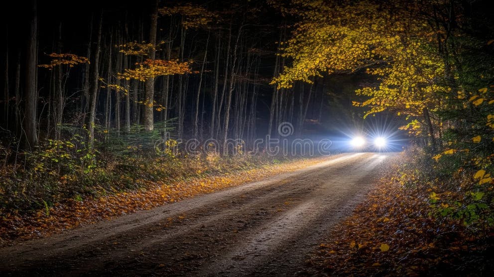 Nighttime Drive through Autumn Forest Road Stock Illustration ...