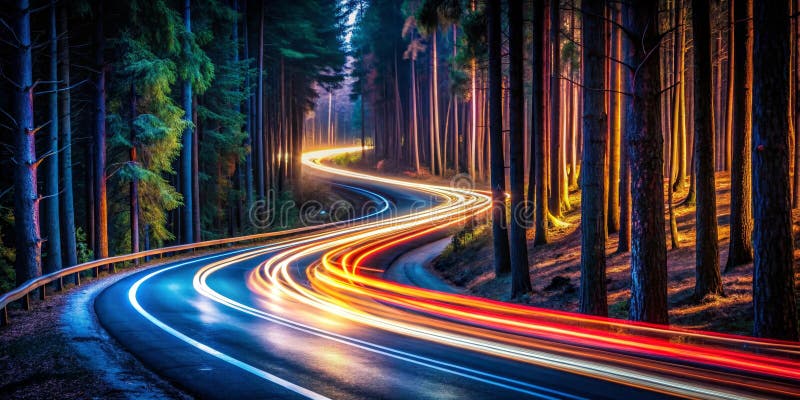 Nighttime Drive through a Forest of Tall Trees with Light Trails ...