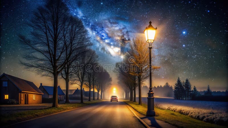 Nighttime Drive through Tree-lined Road Under a Starry Sky. Generative ...