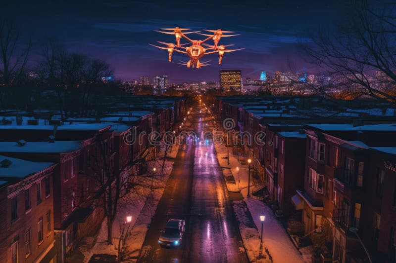 Nighttime Drone Delivery Over Illuminated City Streets Stock ...