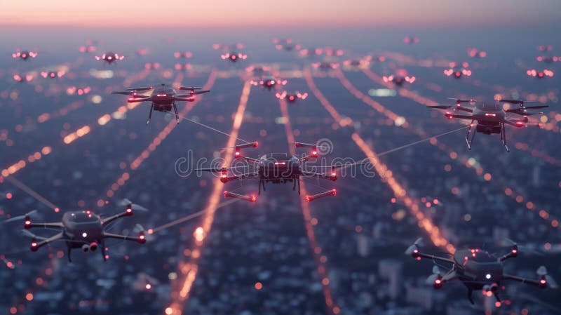 Nighttime Drone Fleet Over City Lights Stock Image - Image of aerial ...