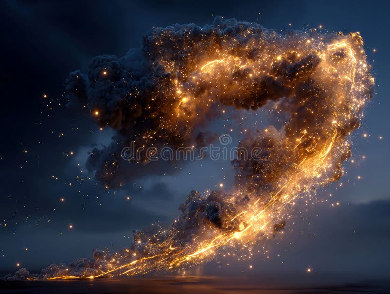A Nighttime Explosion Depicted in a Realistic Style, with a Central ...