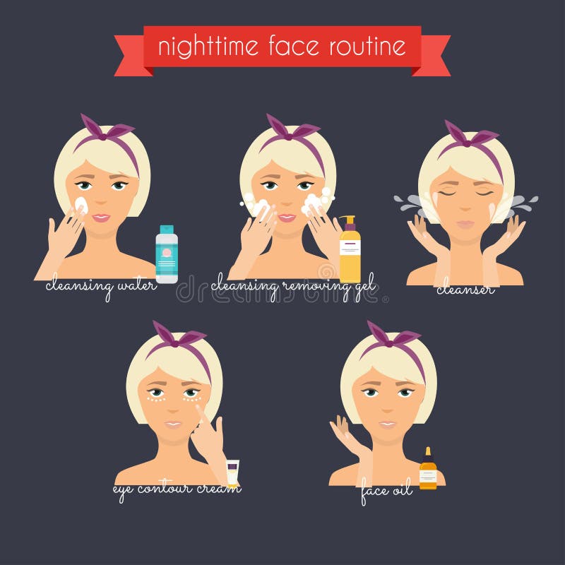Face Care Routine. Girl Cleaning and Care Her Face with Various Stock ...