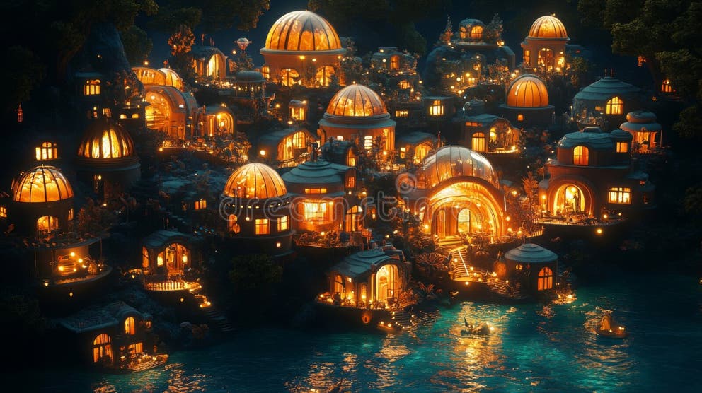 Nighttime Fantasy City with Glowing Dome Structures Stock Illustration ...