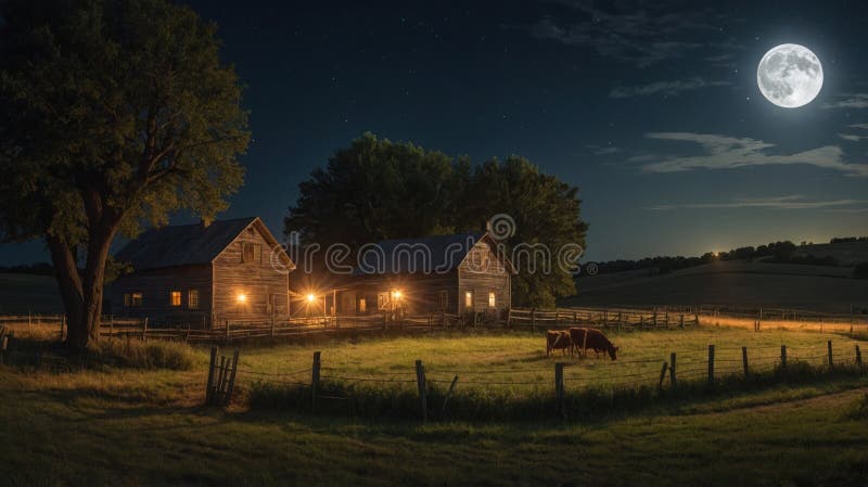 Nighttime Farm Scene with Full Moon and Cattle Stock Photo - Image of ...