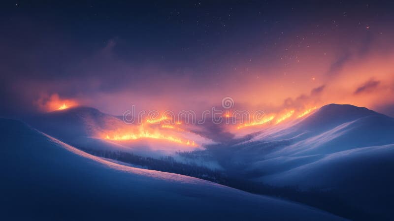 Nighttime Fire on a Snowy Mountain Range Under a Starry Sky Stock ...