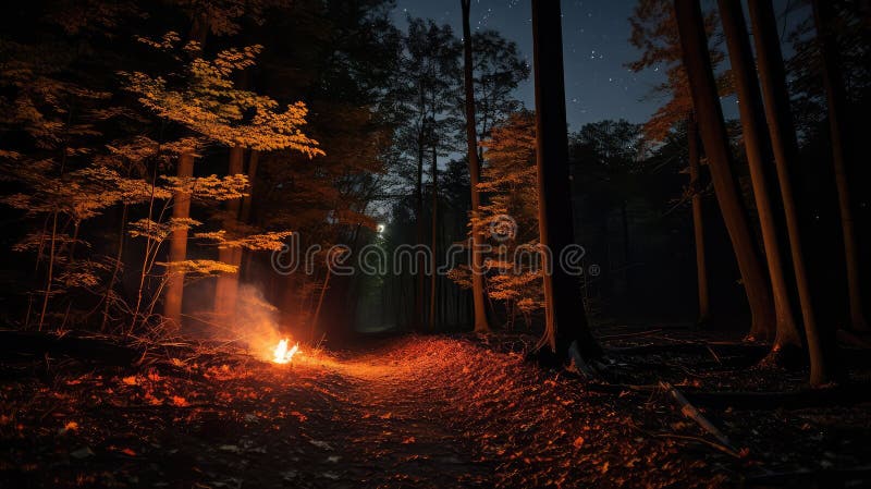 Nighttime fire trail stock illustration. Illustration of forest - 383494663