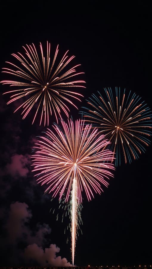 Nighttime Firework Explosion Over a 4th of July Themed Backdrop Stock ...