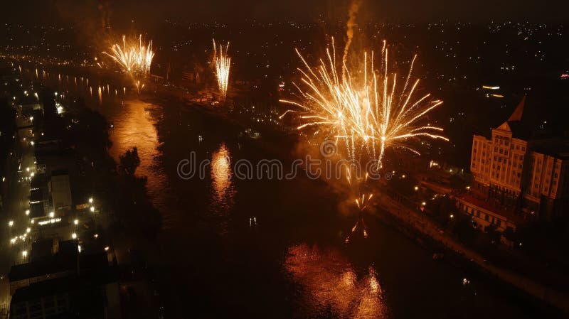 Nighttime Fireworks Display Over River a Celebration in Light Stock ...