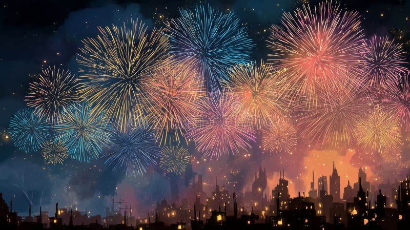 Nighttime Fireworks Over City Skyline Stock Image - Image of holiday ...