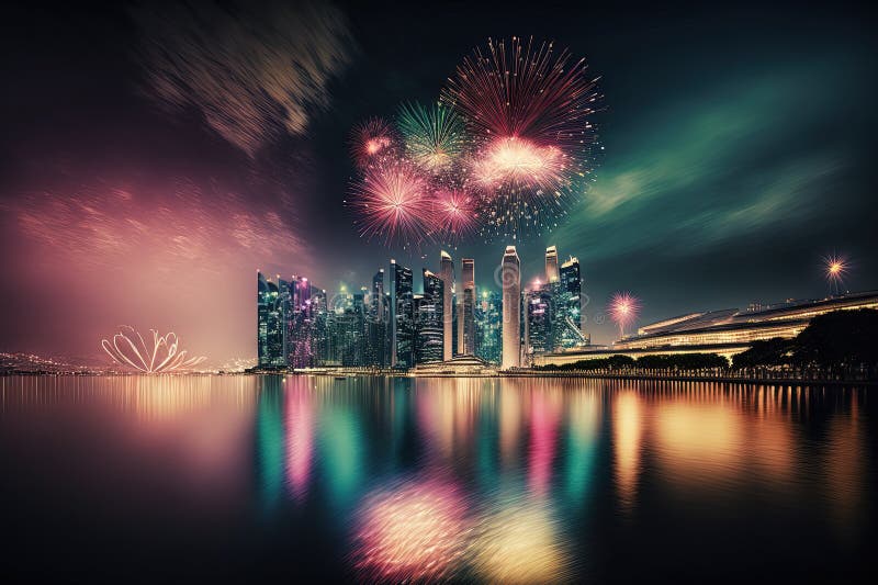 Nighttime Fireworks Over Singapores Downtown Buildings Stock ...