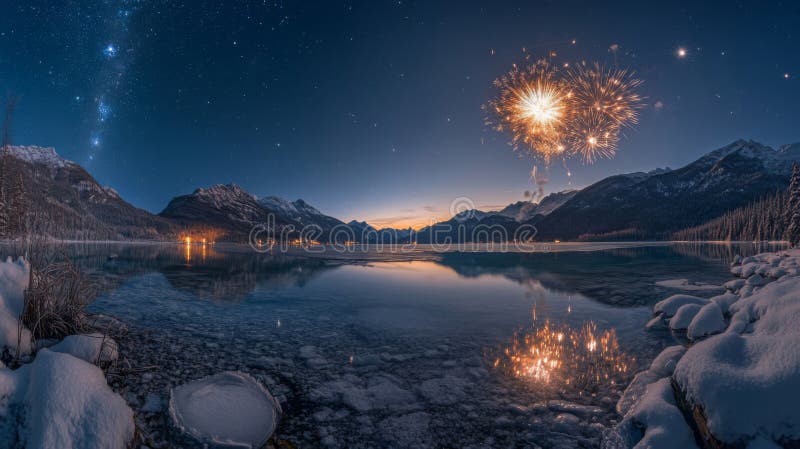 Fireworks Over Snowy Mountain Lake Stock Photos - Free & Royalty-Free ...