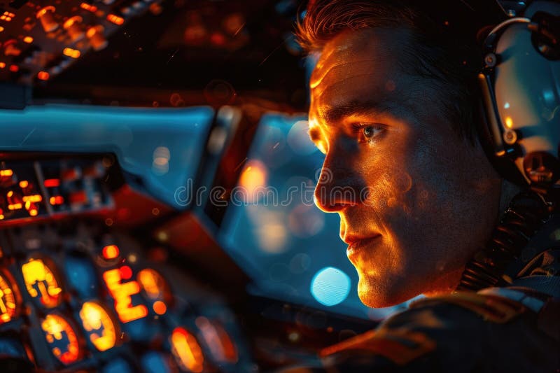 Experienced Pilot in Aircraft Cockpit during Nighttime Flight ...
