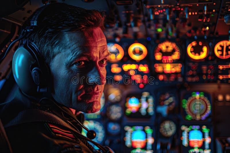 Experienced Pilot in Aircraft Cockpit during Nighttime Flight ... Experienced Pilot in Aircraft Cockpit during Nighttime Flight ...