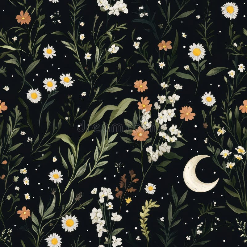 Nighttime Floral Pattern with Crescent Moon and Stars on Dark ...