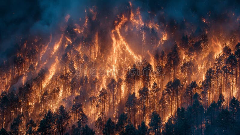 A Nighttime Forest Fire Rages through a Pine Tree Forest, Exemplifying ...