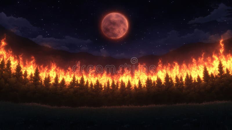 Nighttime Forest Fire Under Red Moon with Starry Sky Stock Illustration ...