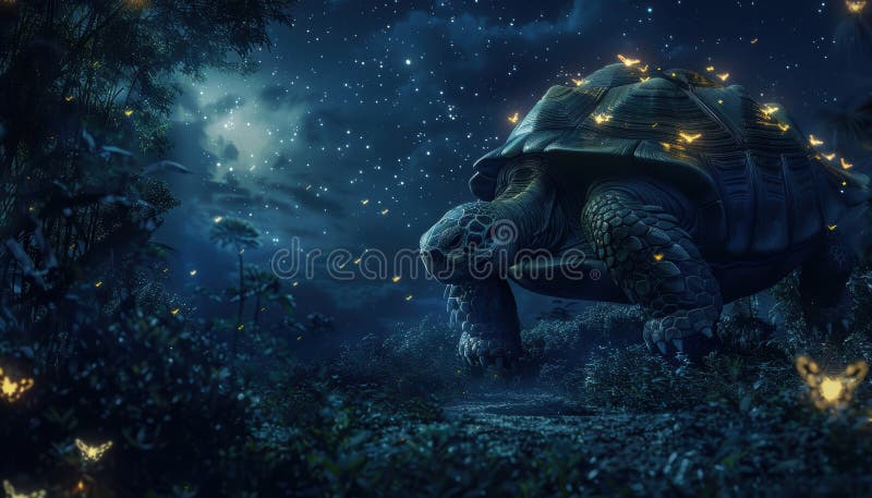 Nighttime Forest with Glowing Insects Surrounding a Turtle Under a ...