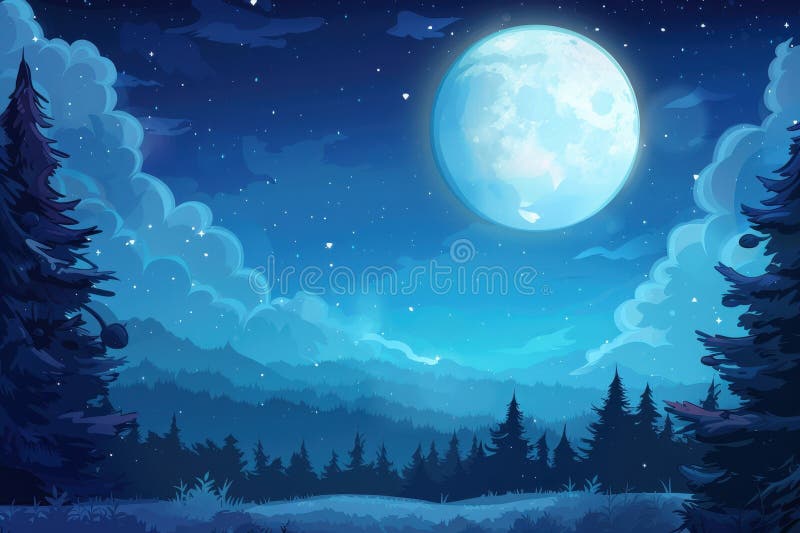Nighttime Forest Landscape with Full Moon and Stars Stock Illustration ...
