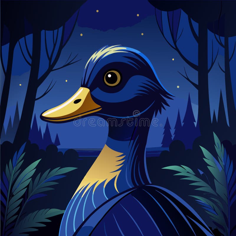 Nighttime Forest Scene with a Majestic Blue Duck Illustration Stock ...