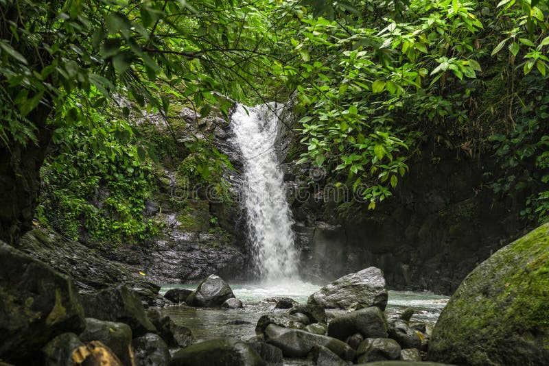 A Waterfall Flowing Over Rocks in a Forest at Night with a Bright Light ...