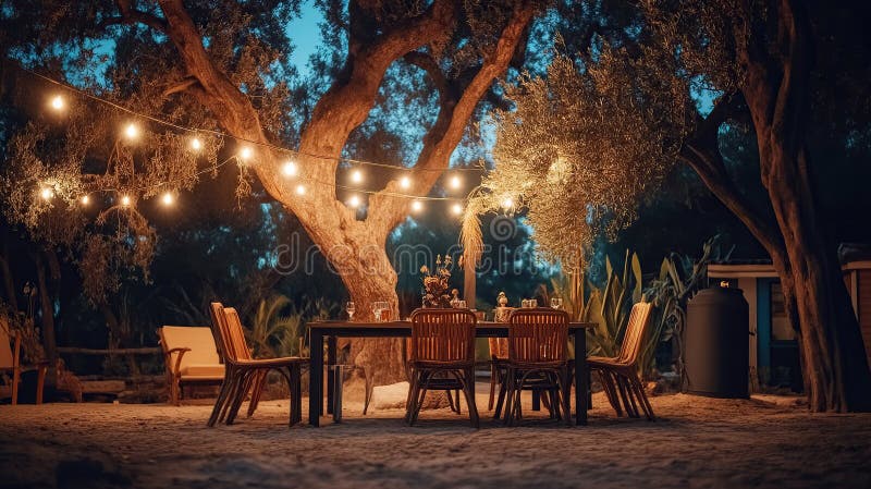 Nighttime Garden Party, Olive Tree Lights, Dining Stock Image - Image ...