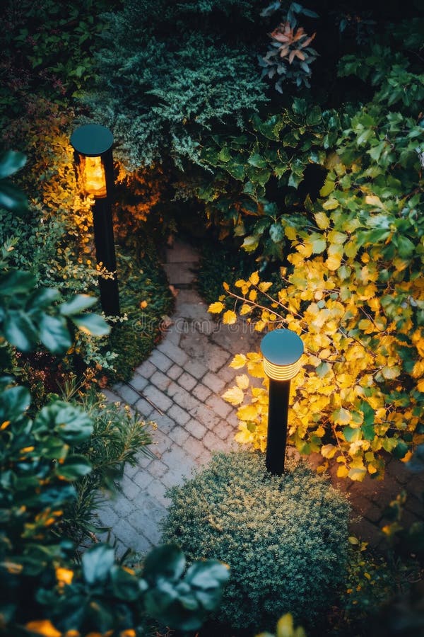 Nighttime Garden Path stock image. Image of nature, lamp - 364457589