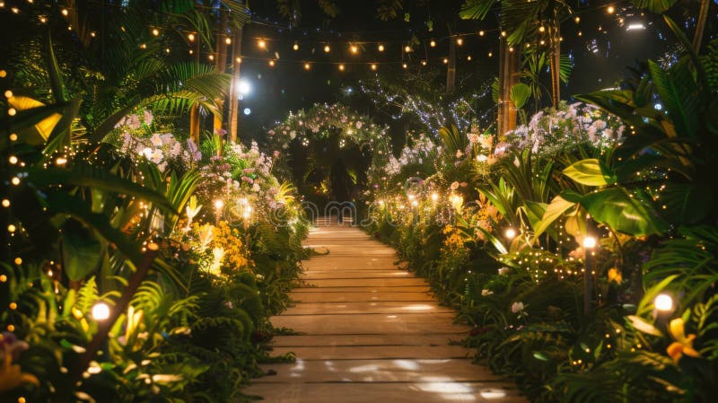 Nighttime Garden Pathway with String Lights Stock Image - Image of ...