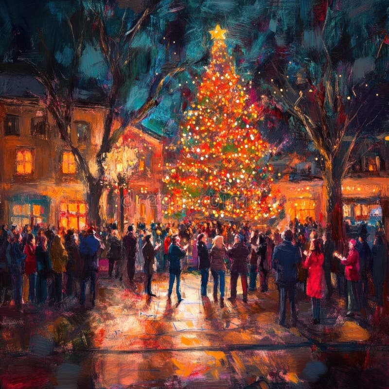 Nighttime Gathering Around a Lit Christmas Tree in a Town Square Stock ...