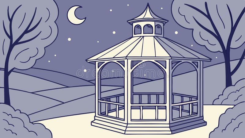 Nighttime Gazebo with Crescent Moon and Bare Trees, Vector Design ...