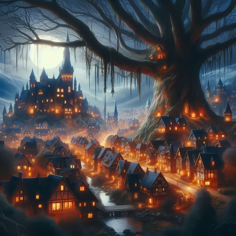 Nighttime Giant Tree Medieval Town Stock Illustration - Illustration of ...