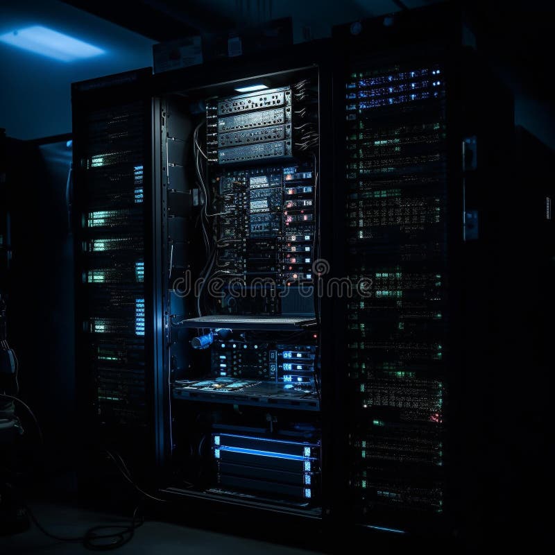 Nighttime Glow of a Computer Server Rack with Blinking LEDs Stock ...