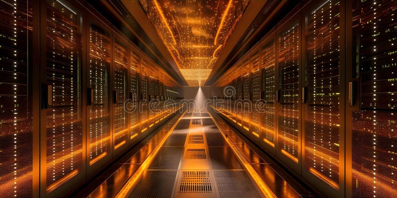 Nighttime Glow Punctuates Rows of Server Cabinets while Data Numbers ...