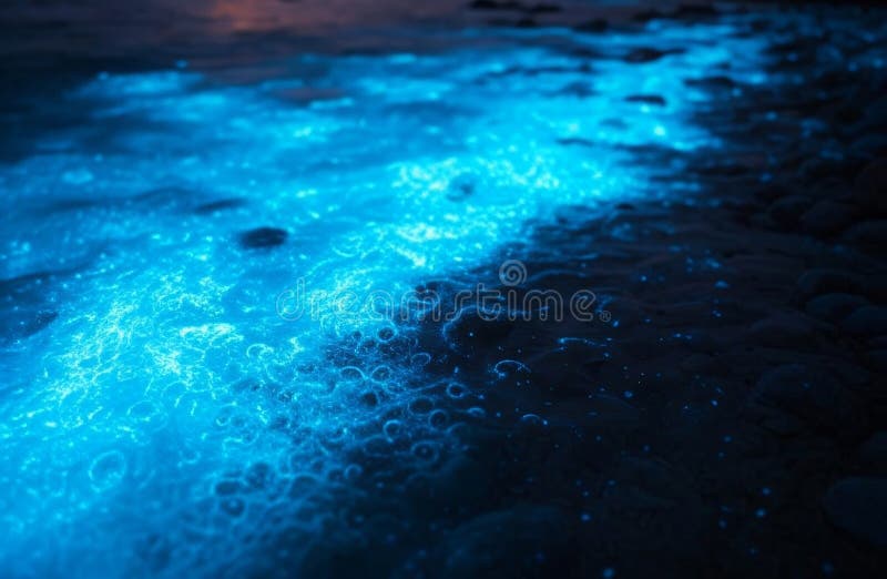 Nighttime Glowing Bioluminescent Algae Concep in Ocean Stock ...