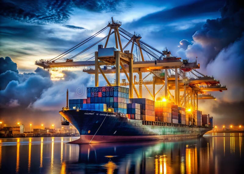 Nighttime Harbor Activity Cargo Ship Docks Under Harbor Crane ...