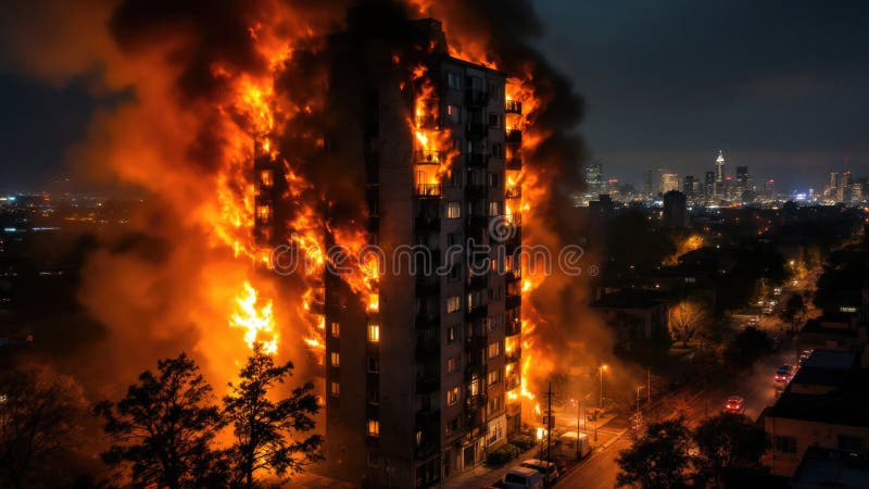 Nighttime High-rise Building Fire with Dramatic Flames in Urban ...
