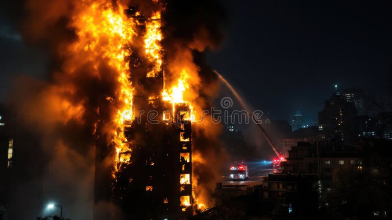 Nighttime High-rise Fire with Active Firefighting Efforts in Urban ...
