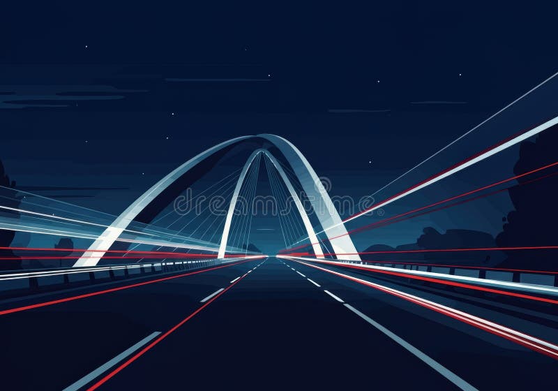 Nighttime Highway with Light Trails and a Modern Bridge in the ...