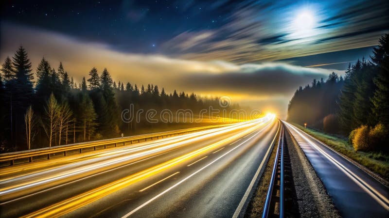 Nighttime Highway Scene with Light Trails and Foggy Forest. Generative ...